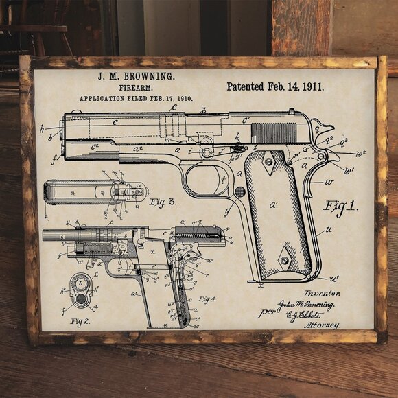 HANDCRAFTED BY ARTIST | Art | 911 Colt Handgun Browning Firearm Patent ...